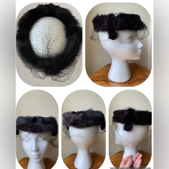Handmade | Accessories | Vintage Ladies Mink Trim Veiled Crown Hat ...